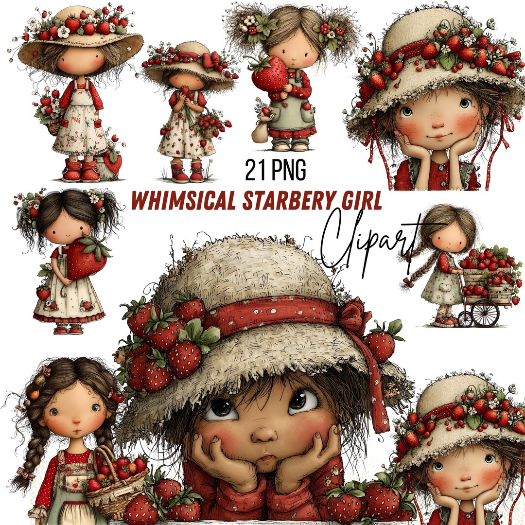 Strawberry Girl Clipart PNG Bundle, Cute Kawaii Cottagecore Girls ...