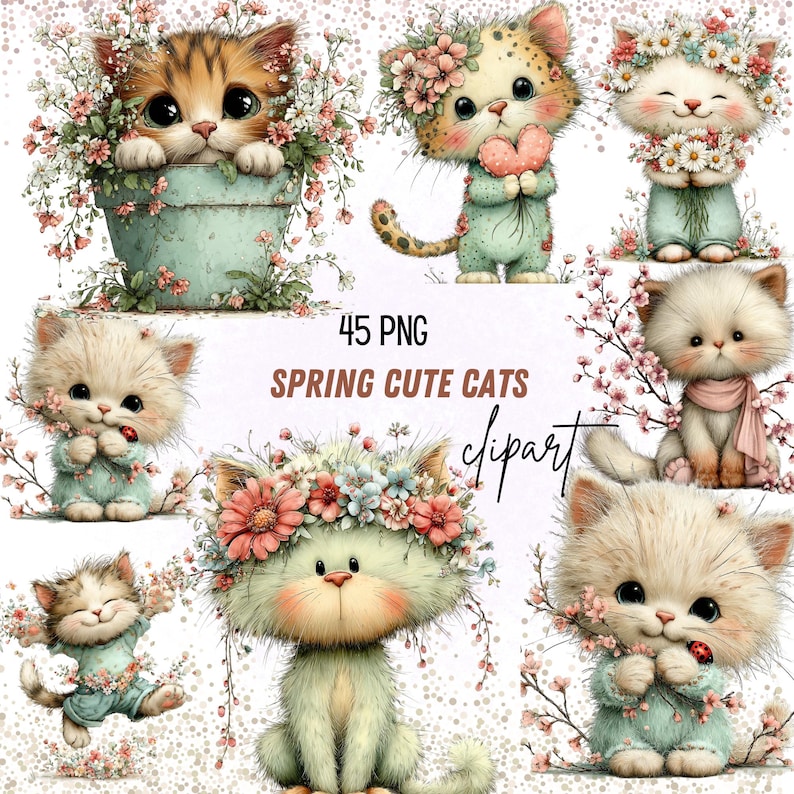 45 PNG Whimsical Cat Clipart – Cute Spring Cat With White Floral Crown ...