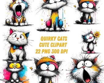Quirky Cats Clipart Collection, Funny Watercolor Cat Graphics 20 PNG ...