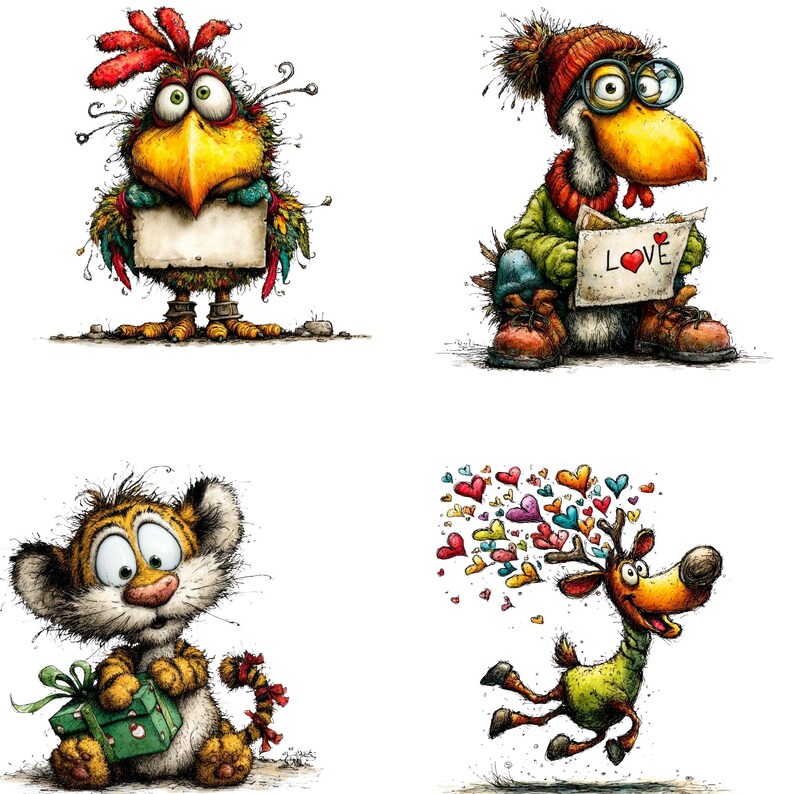 Whimsical Funny Animals Clipart PNG Bundle, Cute Cartoon Animals, Love ...