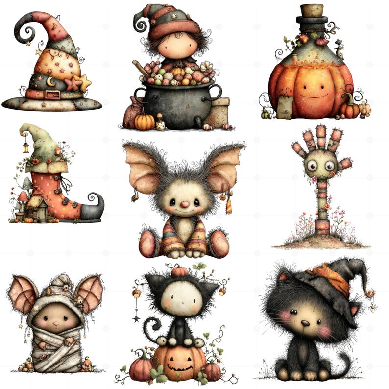 Whimsical Halloween Ghost Clipart Bundle, Watercolor PNG, Witch Hat ...