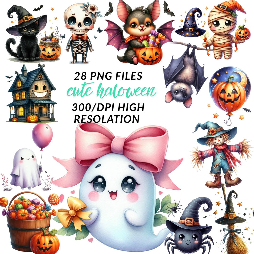 Cute Halloween Clipart - Watercolor - Ghost - Pumpkin - Cat - Spider ...
