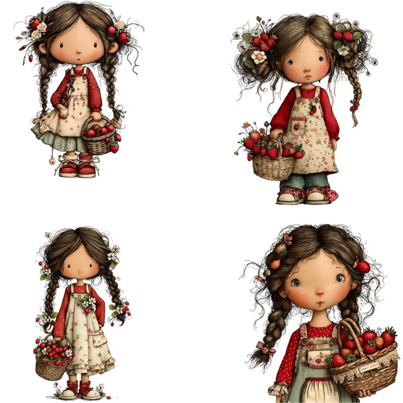 Strawberry Girl Clipart PNG Bundle, Cute Kawaii Cottagecore Girls ...