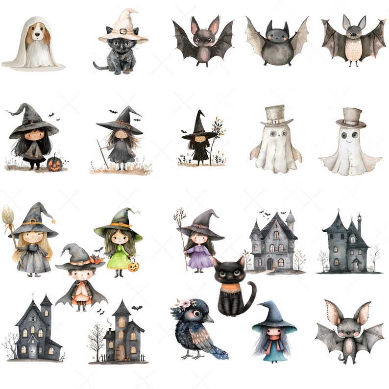 120+ Cute Halloween Ghost Clipart Bundle, Watercolor PNG, Witch Hat ...