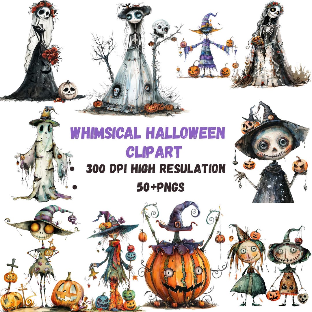 50 PNG Watercolor Quirky Halloween Bundle Clipart, Whimsical Halloween ...