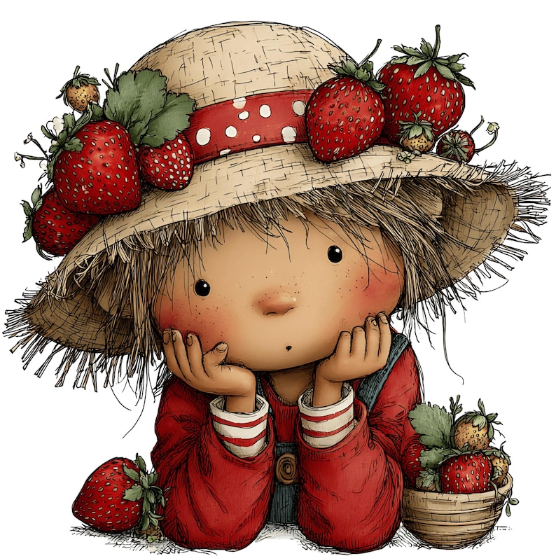 Strawberry Girl Clipart PNG Bundle, Cute Kawaii Cottagecore Girls ...