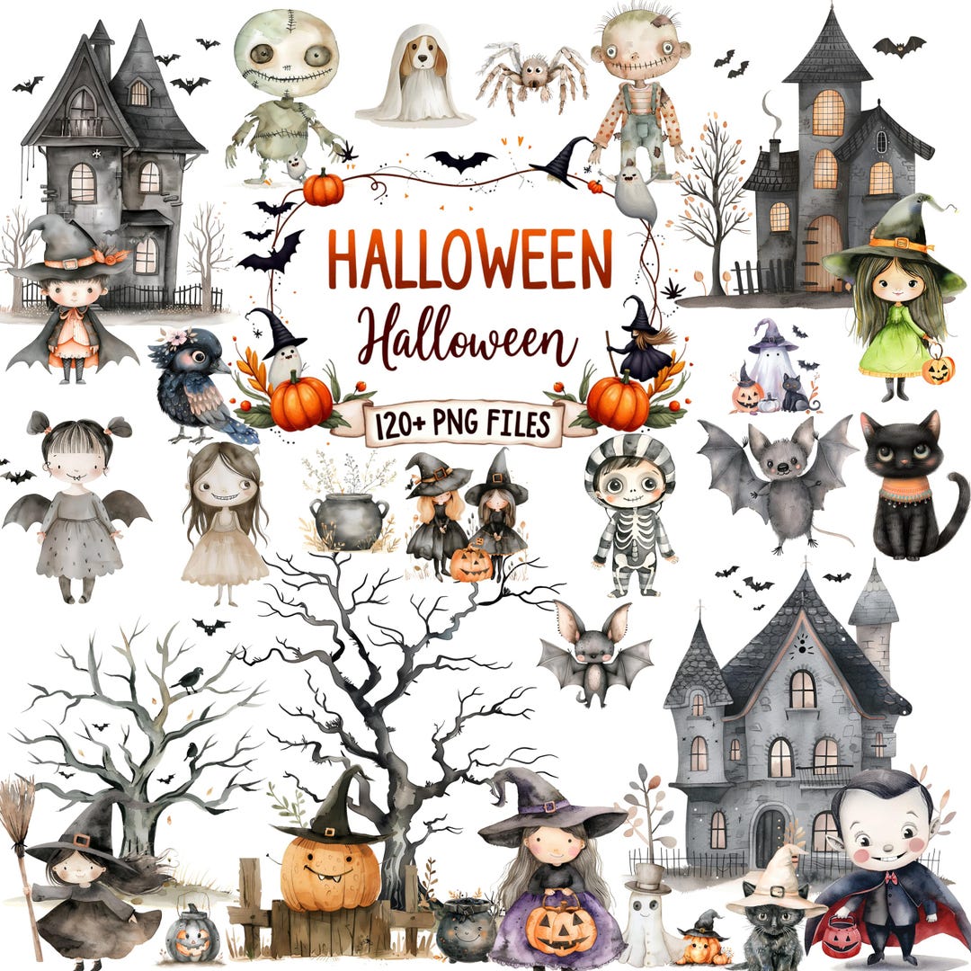 120+ Cute Halloween Ghost Clipart Bundle, Watercolor PNG, Witch Hat ...