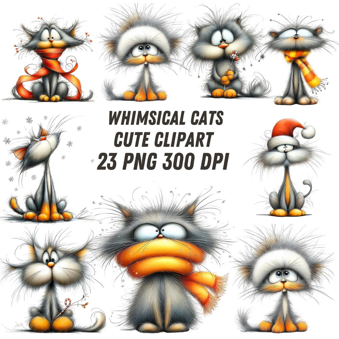 Whimsical Cats Clipart Collection, Funny Watercolor Cat Graphics 23 PNG ...