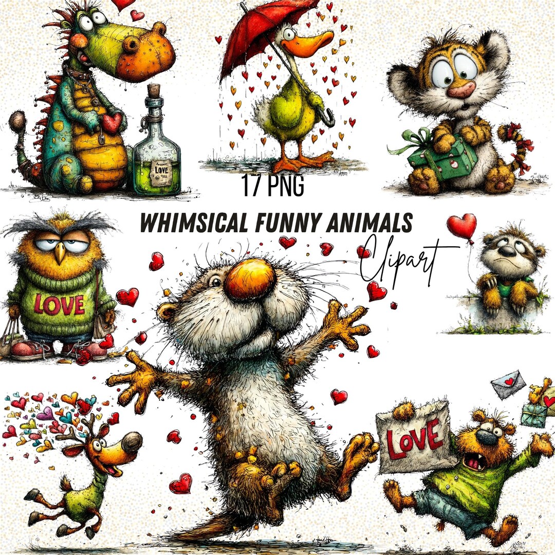 Whimsical Funny Animals Clipart PNG Bundle, Cute Cartoon Animals, Love ...