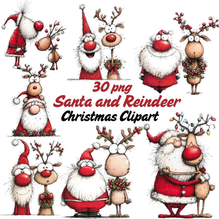 Santa & Reindeer Christmas Clipart: Festive Holiday Graphics (digital ...