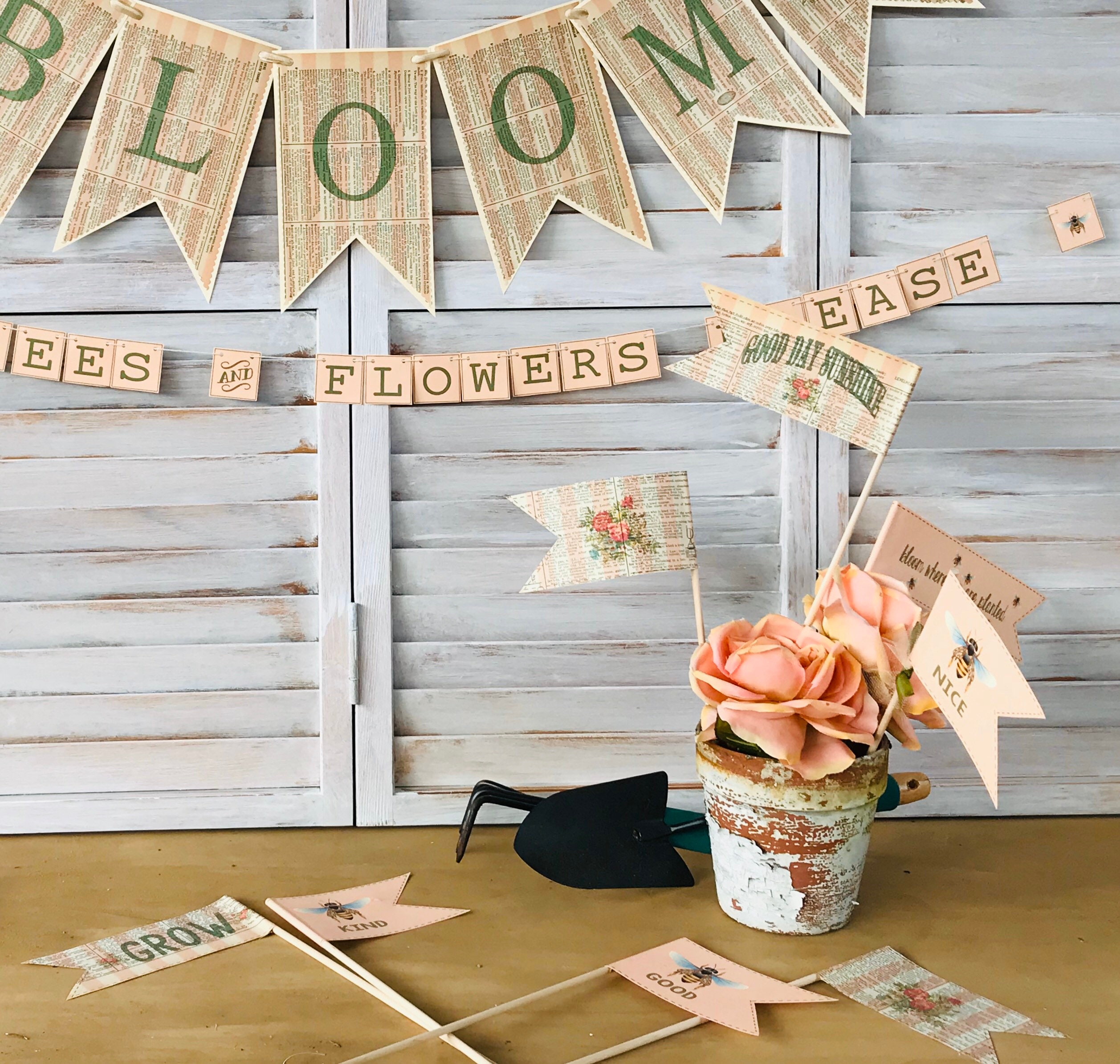 BLOOM Paper Banner on Vintage Dictionary Pages, Garden Sign, Springtime ...