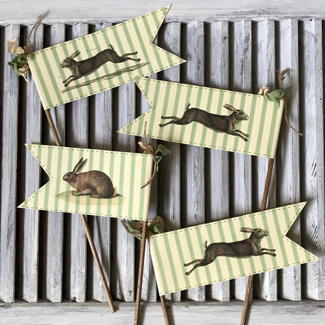 4 Green Stripe Background Rabbit Flags, Bunny Banners, Spring Table ...