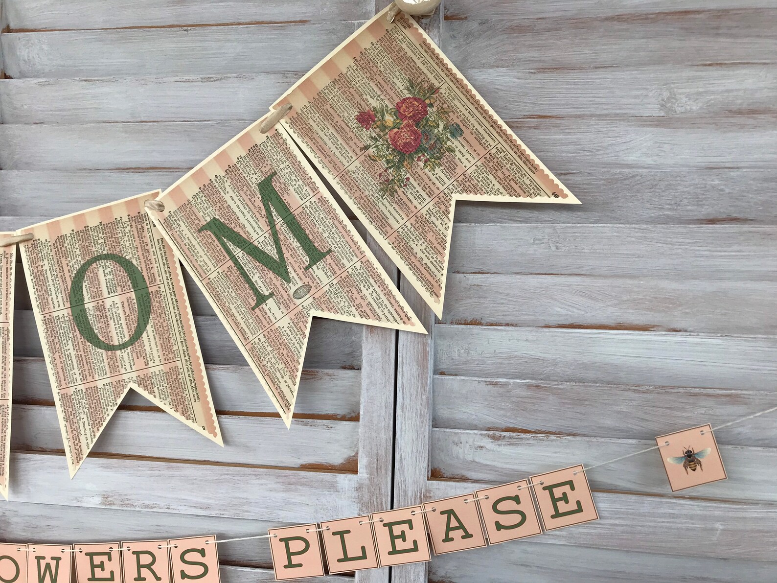 BLOOM Paper Banner on Vintage Dictionary Pages, Garden Sign, Springtime ...