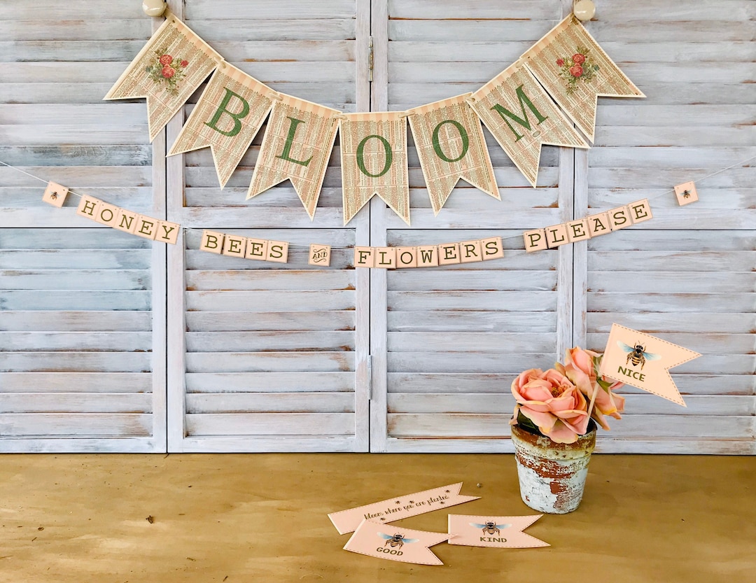 BLOOM Paper Banner on Vintage Dictionary Pages, Garden Sign, Springtime ...