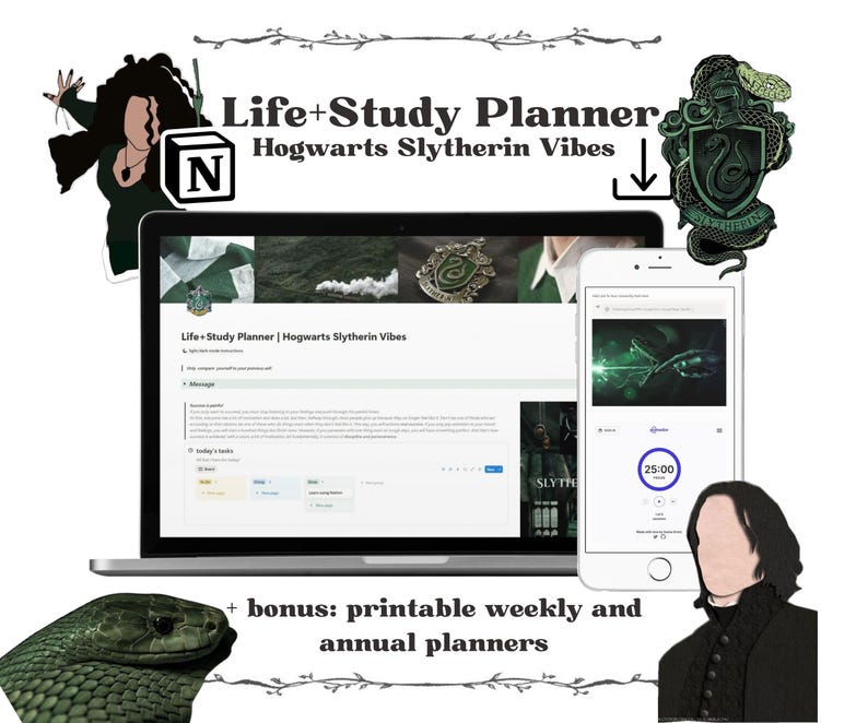 Slytherin Digital Planner Hogwarts Inspired Notion Template Academic Dashboard Life Organizer ...