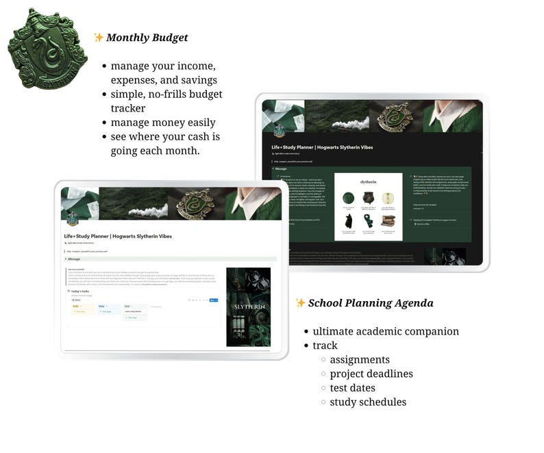Slytherin Digital Planner Hogwarts Inspired Notion Template Academic Dashboard Life Organizer ...