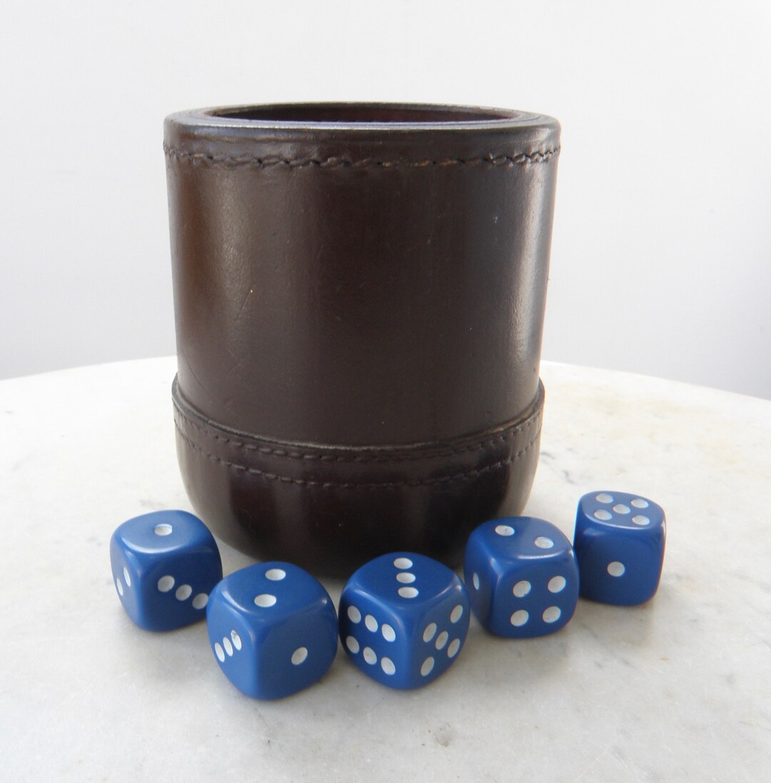 LIAR'S DICE Cup Dice Brown Leather Double Stitching Rubber 5 Blue Dice ...