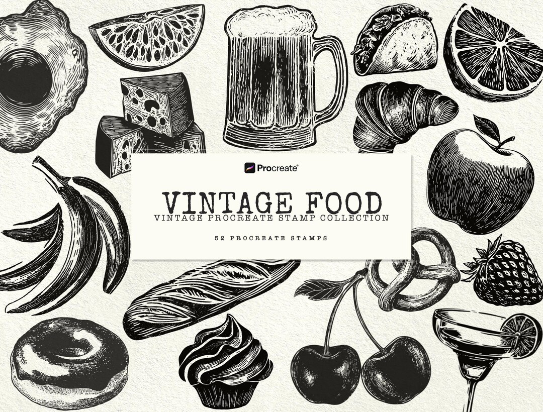 Vintage Food Art Procreate Stamp Brush Bundle Linocut Art Vintage ...
