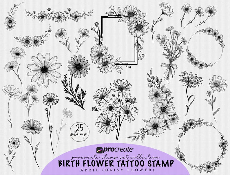 Daisy Birth Flower Tattoo Design Procreate Stamp Brush Bundle Procreate ...
