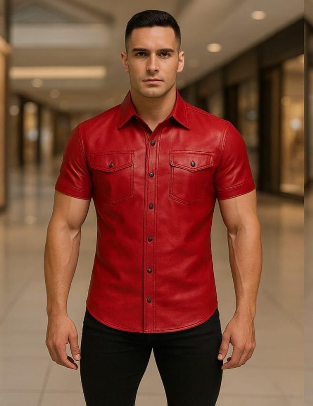Handmade Men’s Red Distressed Leather Shirt Biker Punk Rocker Slimfit ...