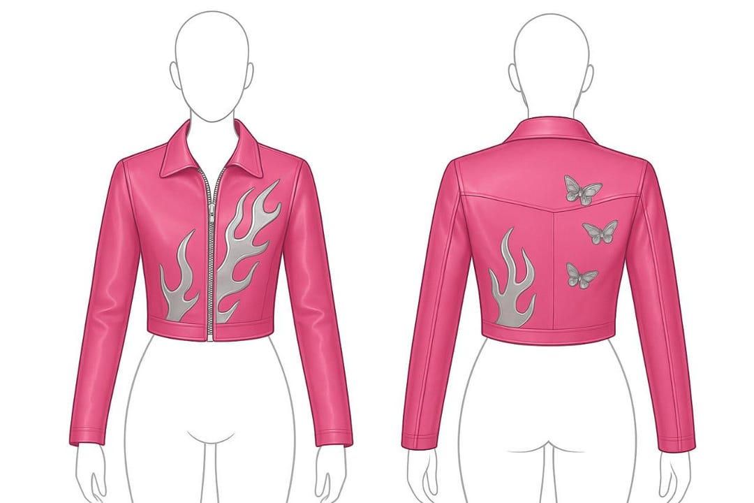 Handmade Women’s Pink Flame Leather Jacket – Silver Flames & Butterfly ...