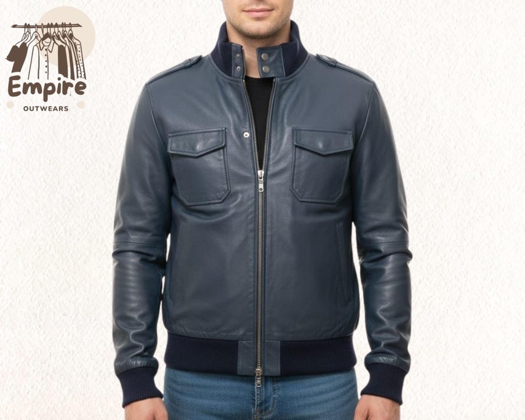 Men’s Blue Bomber Leather Jacket – Flight Style Outerwear With Ribbed ...