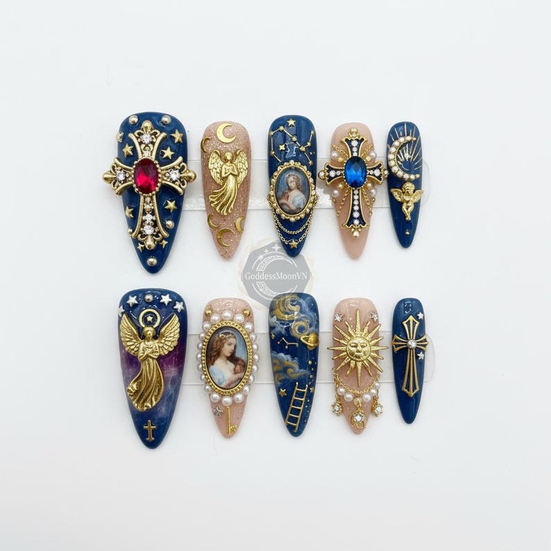 Luxury Celestial Angel Press-on Nails With Gold Cross Charms, Vintage ...