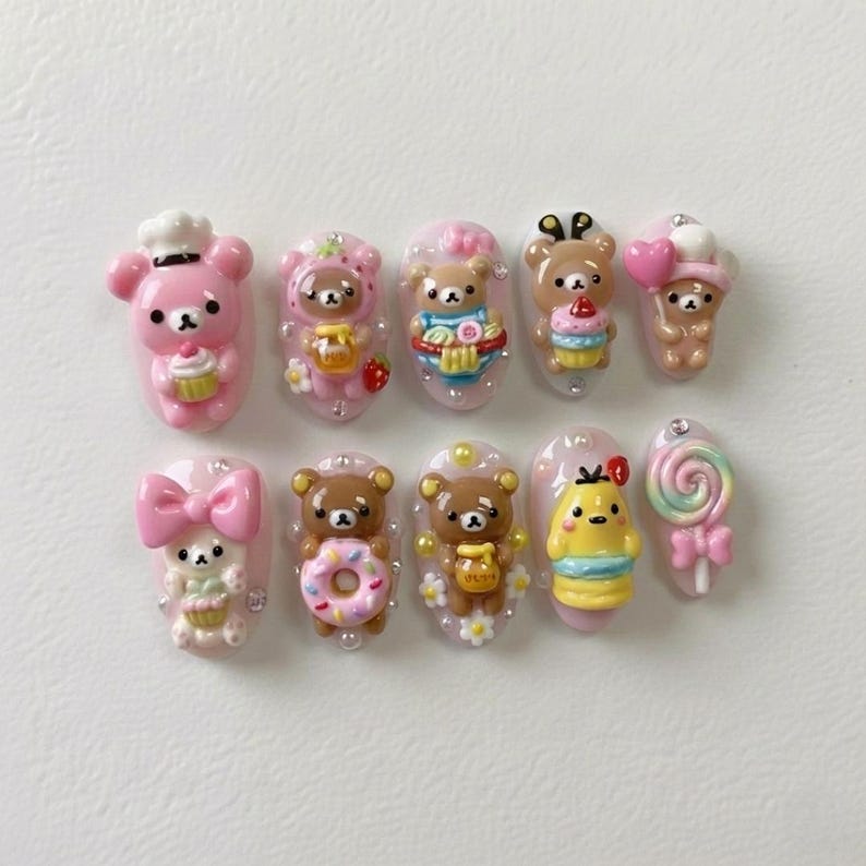 Handmade 3D Kawaii Food Press on Nails | Pink Ramen & Dragon Fruit ...