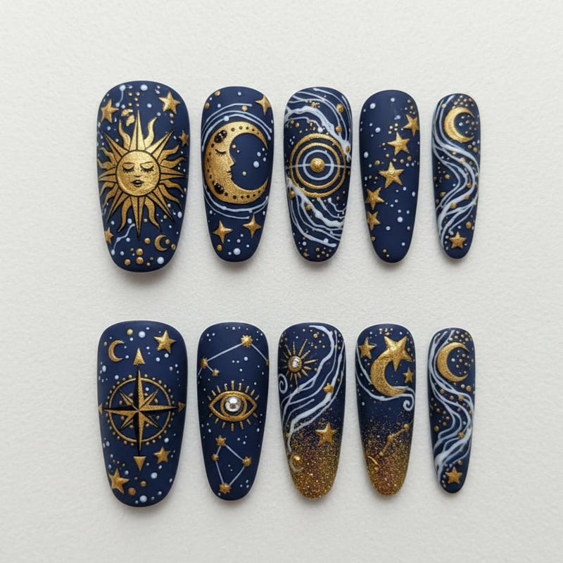 Fake Nails Navy Gold - Etsy