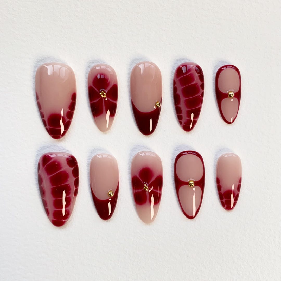 Burgundy Flower Press on Nails Long Almond Nails/blooming Burgundy ...