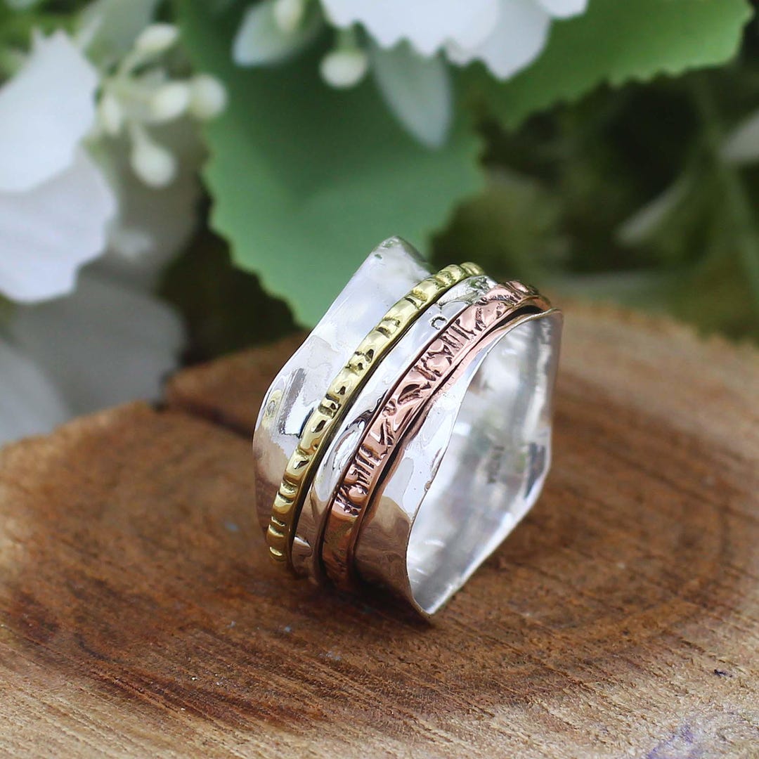 Hammered Wide Sipper Ring, Multi Colour Tone Silver Band, Boho Spinner ...