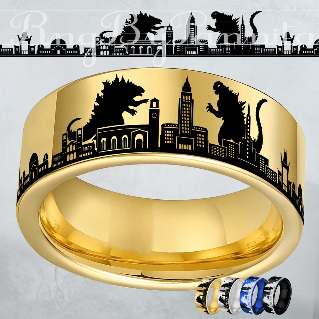Engraved Godzilla Attacking City Ring,tungsten Ring, Monster Ring,mens ...