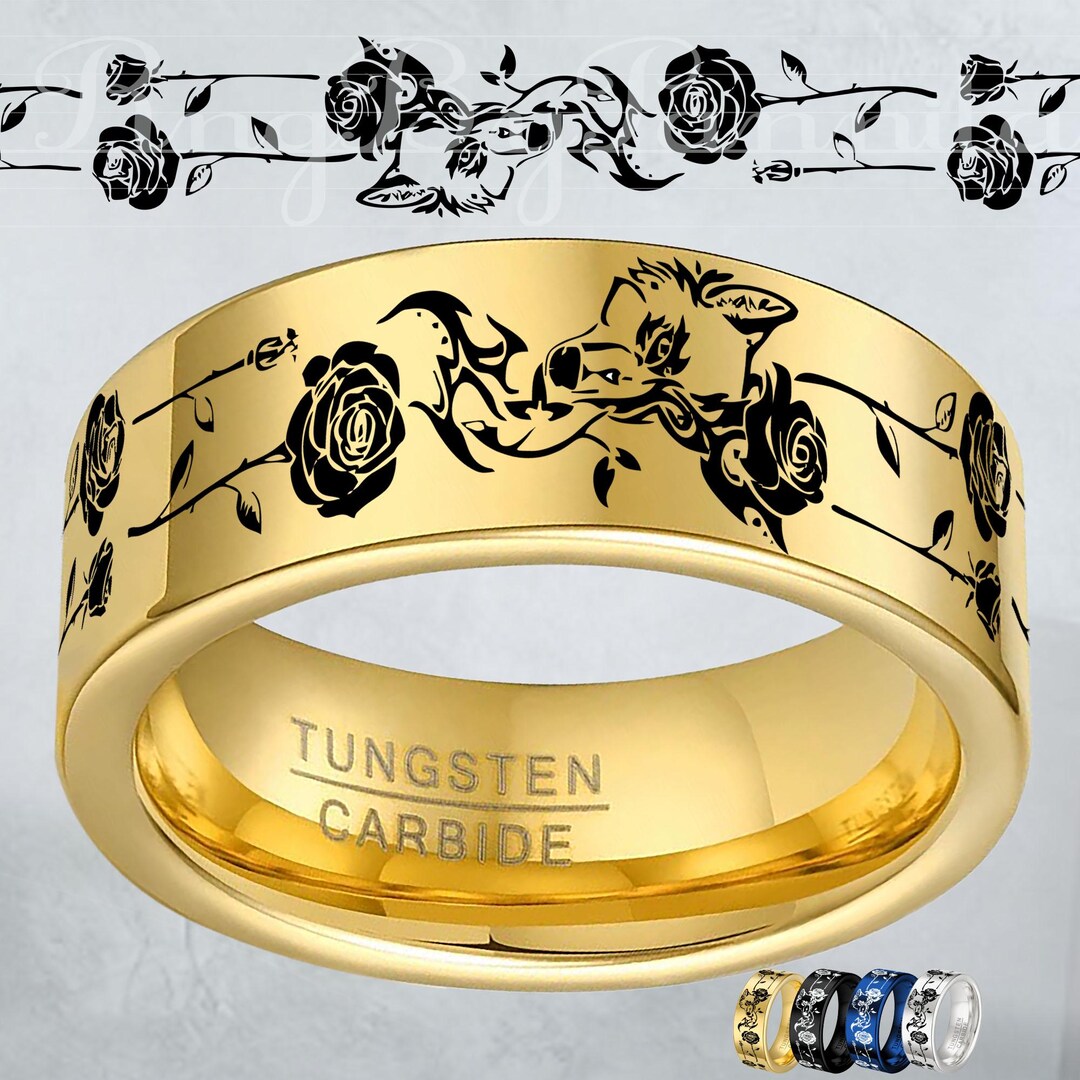 Engraved Howling Wolf Tungsten Ring: Rose Gold Wolves Wedding Band - Etsy