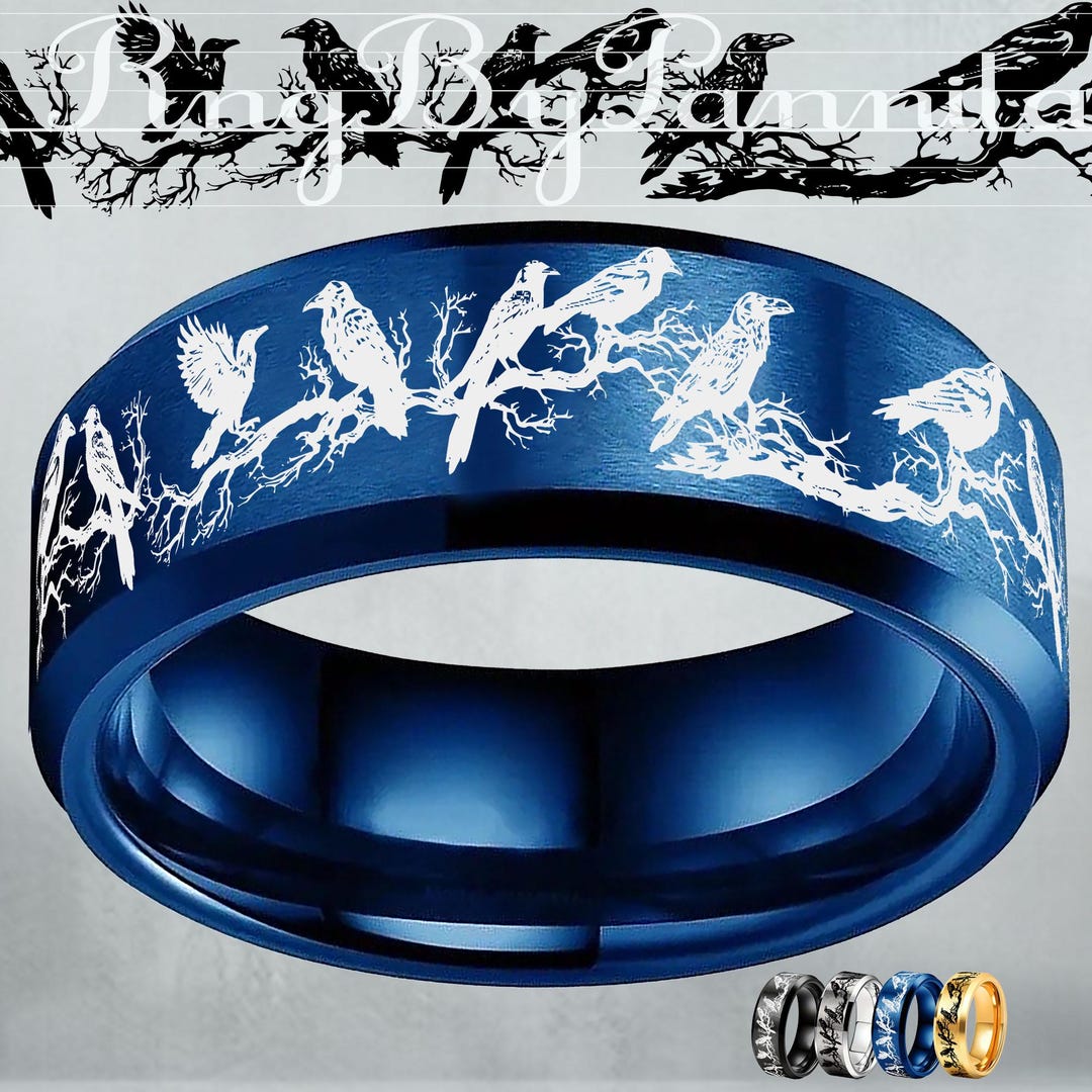 Ngraved Halloween Raven Ring,raven Branch Ring,tungsten Ring,flying ...