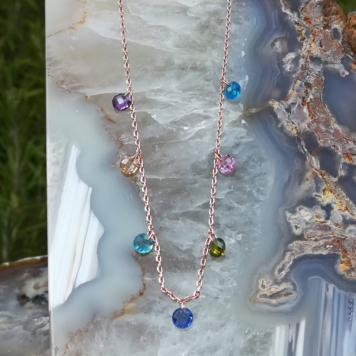 Sterling Silver Rose Gold plated Multi Color Crystal Necklace | Etsy