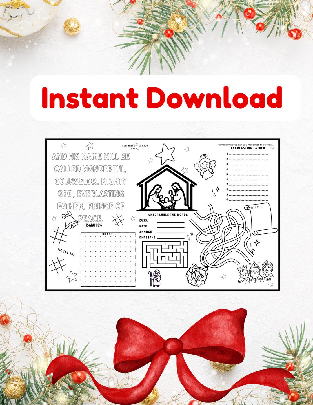 Advent Bible Activity Placemat Printable, Christian Christmas Coloring ...