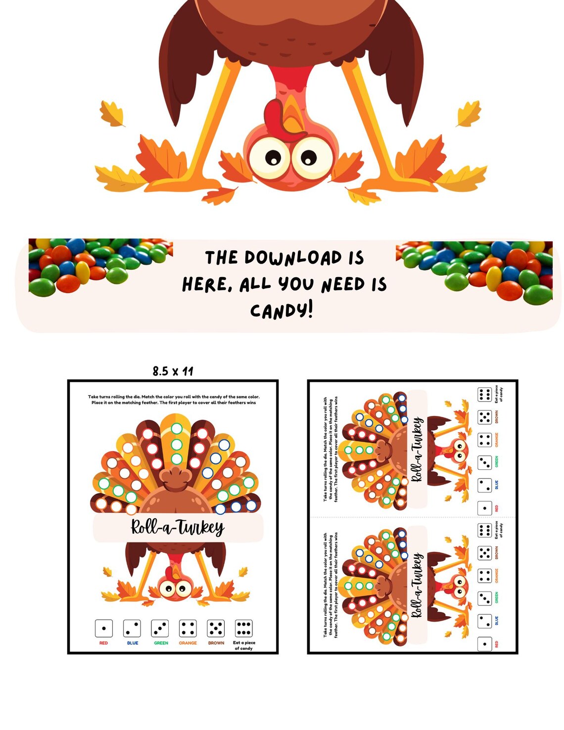 Roll-a-turkey Thanksgiving Game | Candy Color Match (printable PDF) - Etsy