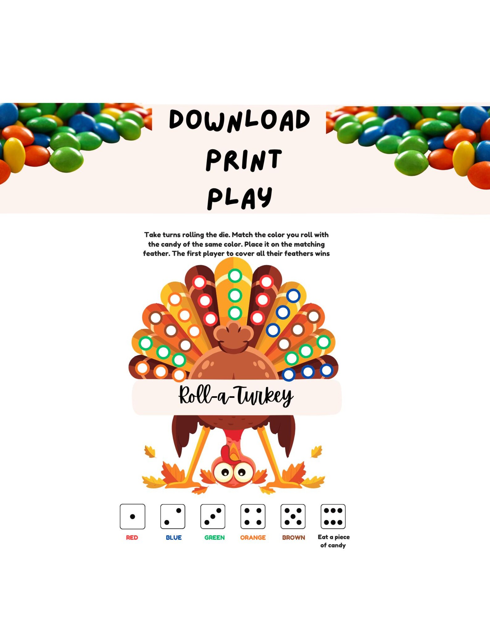 Roll-a-turkey Thanksgiving Game | Candy Color Match (printable PDF) - Etsy