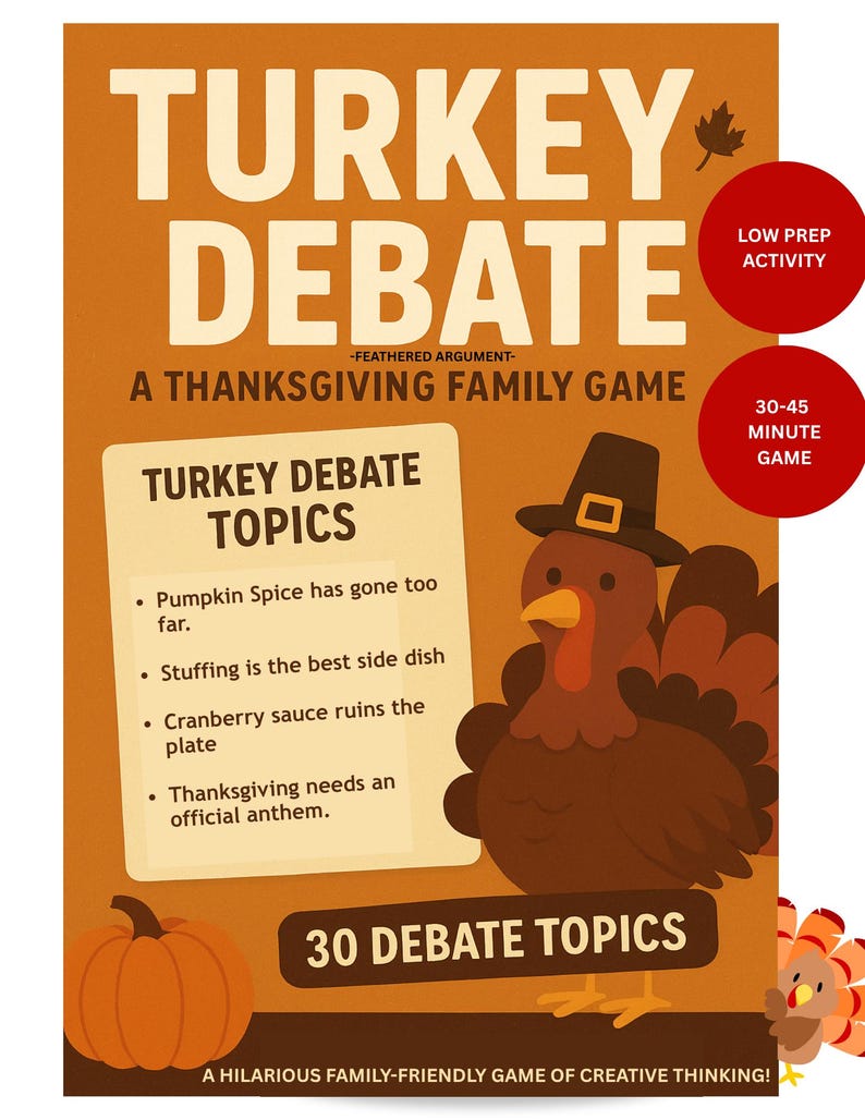 Printable Turkey Debate Game, Thanksgiving Family Activity (digital ...