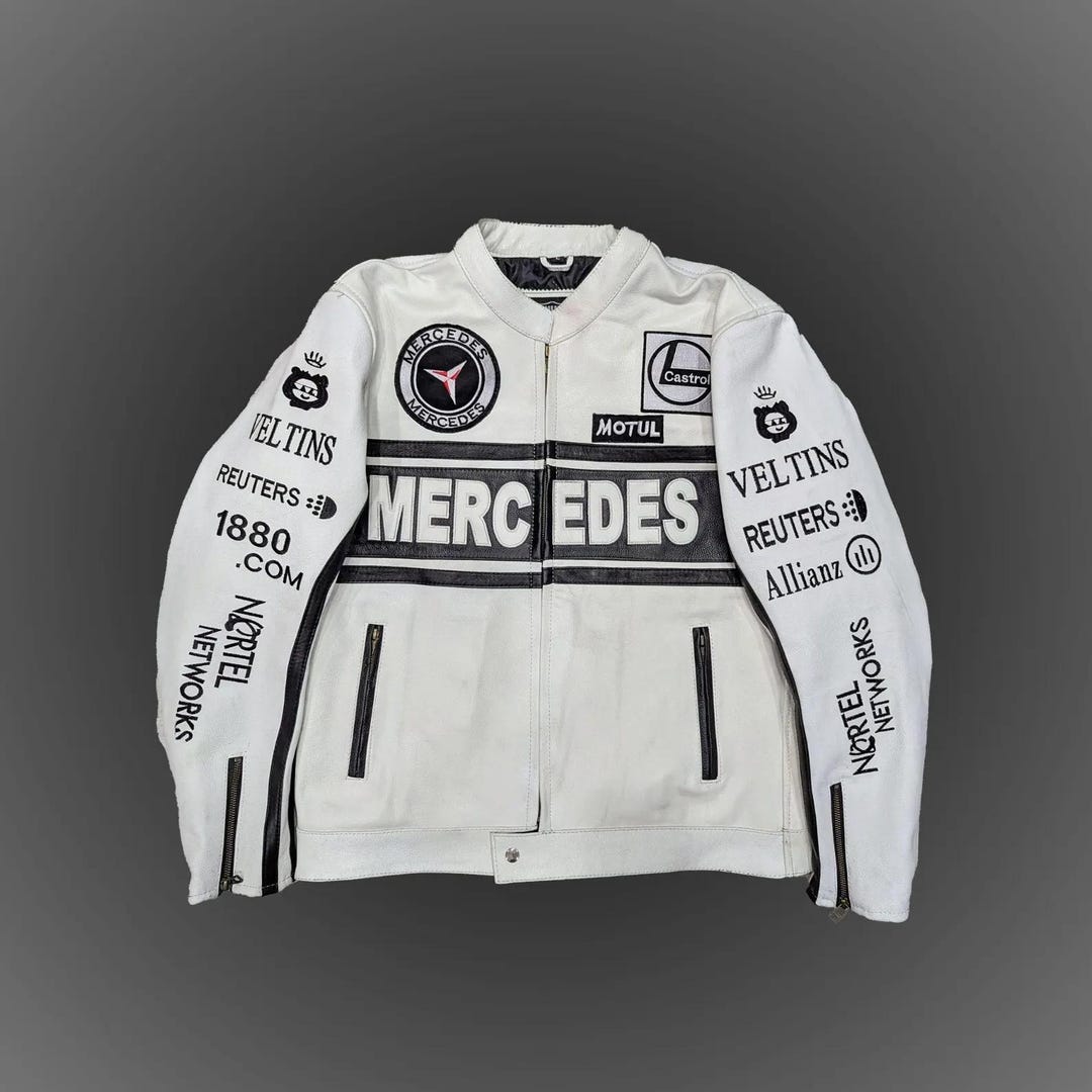Mercedes Racing Jacket: White Leather Moto Biker - Motorsport Bomber - Etsy