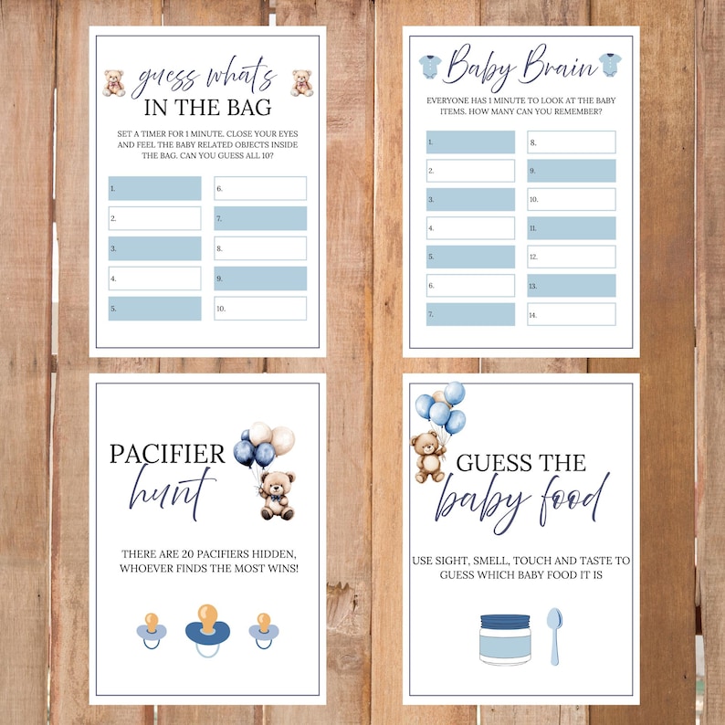 Blue Teddy Bear Baby Shower Game Bundle, 27 Editable Games & Activities ...