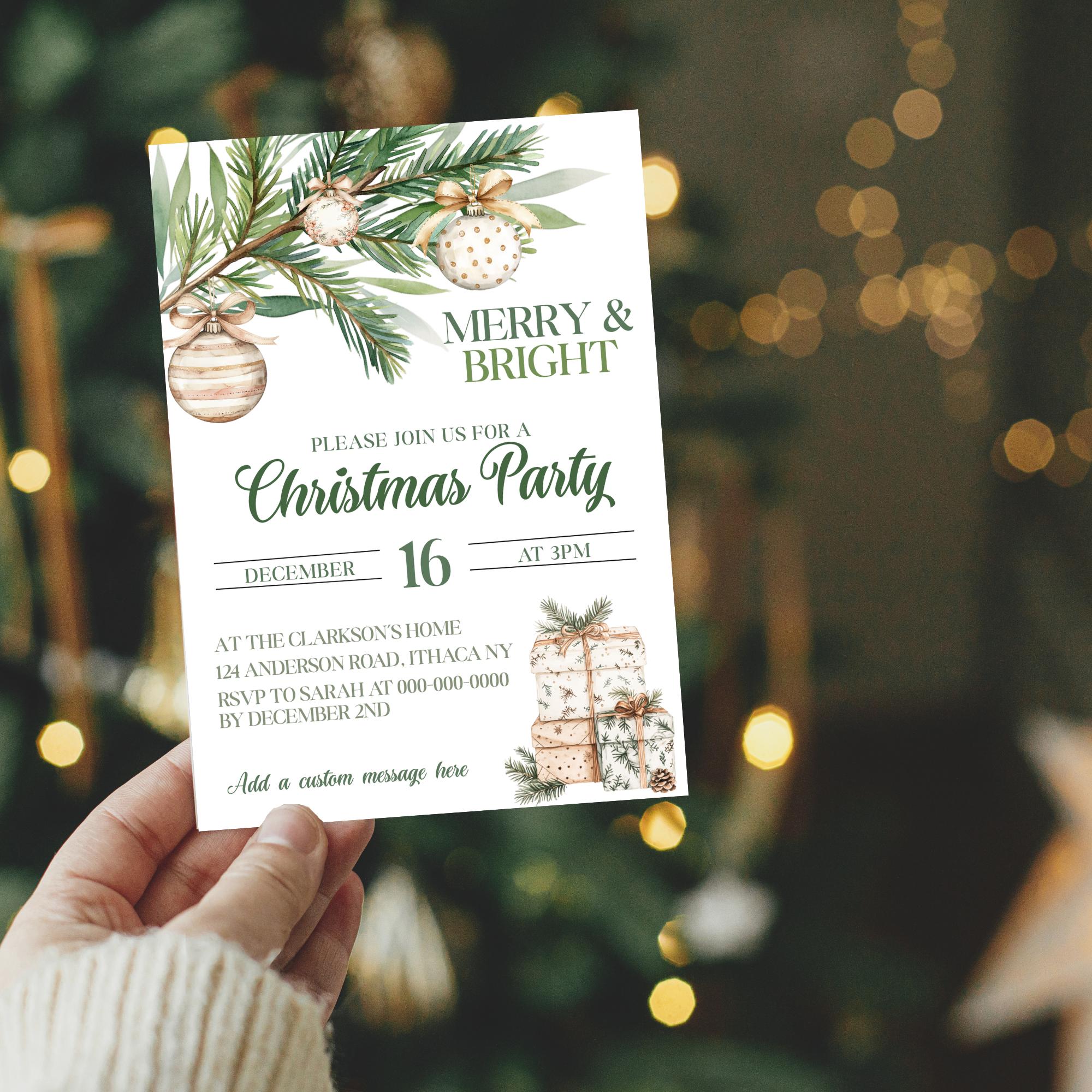 Rustic Greenery Christmas Party Invitation, Merry and Bright Holiday ...