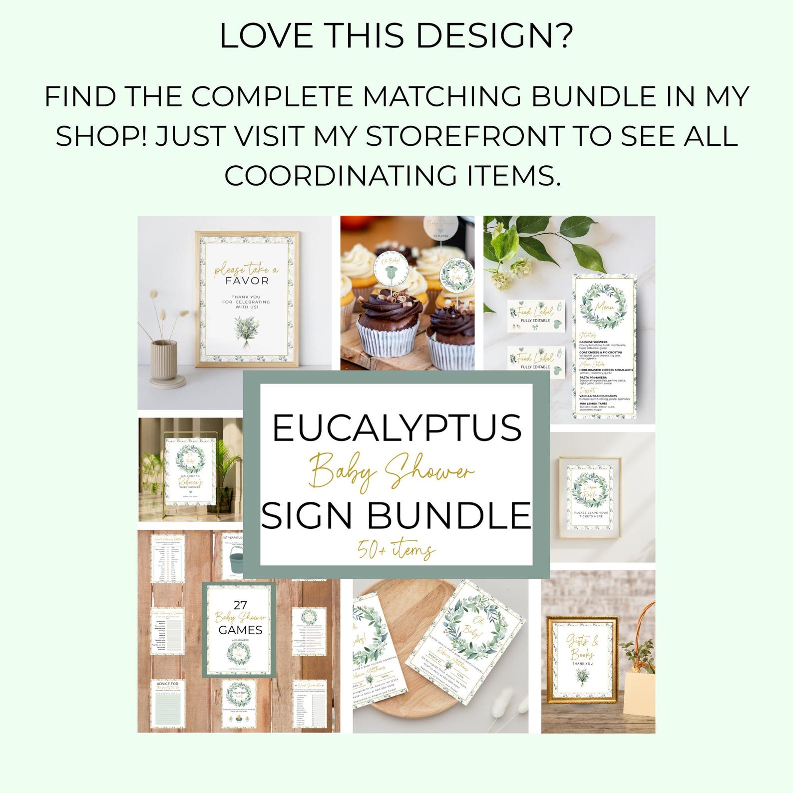 Eucalyptus Baby Shower Invitation Bundle, Greenery Customizable Invite ...