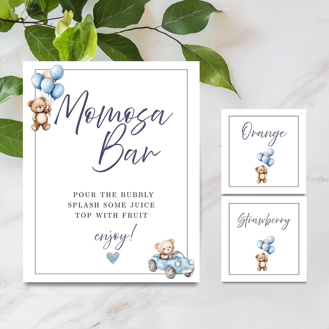 Blue Teddy Bear Baby Shower Mimosa Bar Sign & Carafe Labels, We Can ...