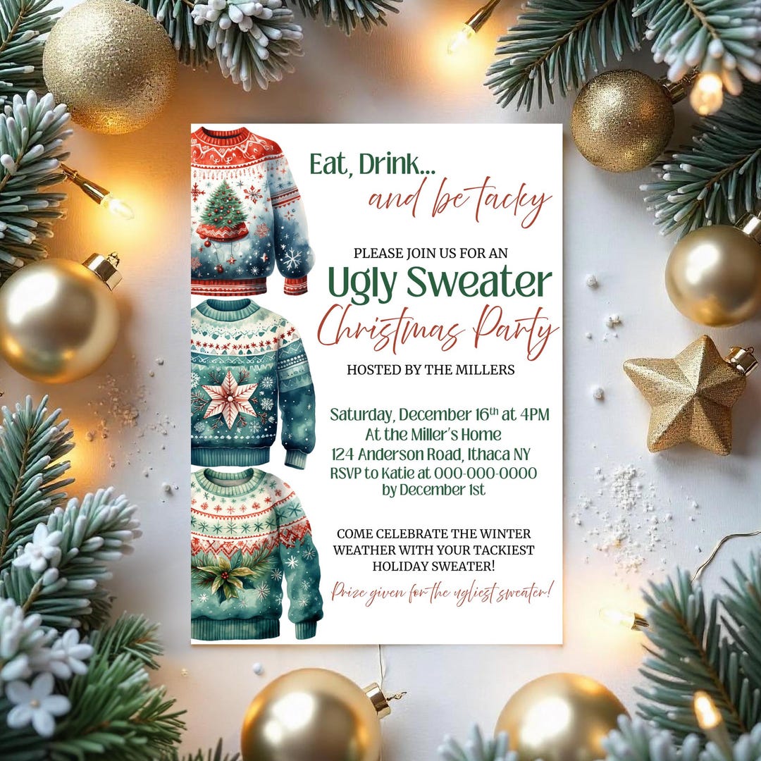 Ugly Christmas Sweater Party Invitation, Eat Drink & Be Tacky Holiday ...