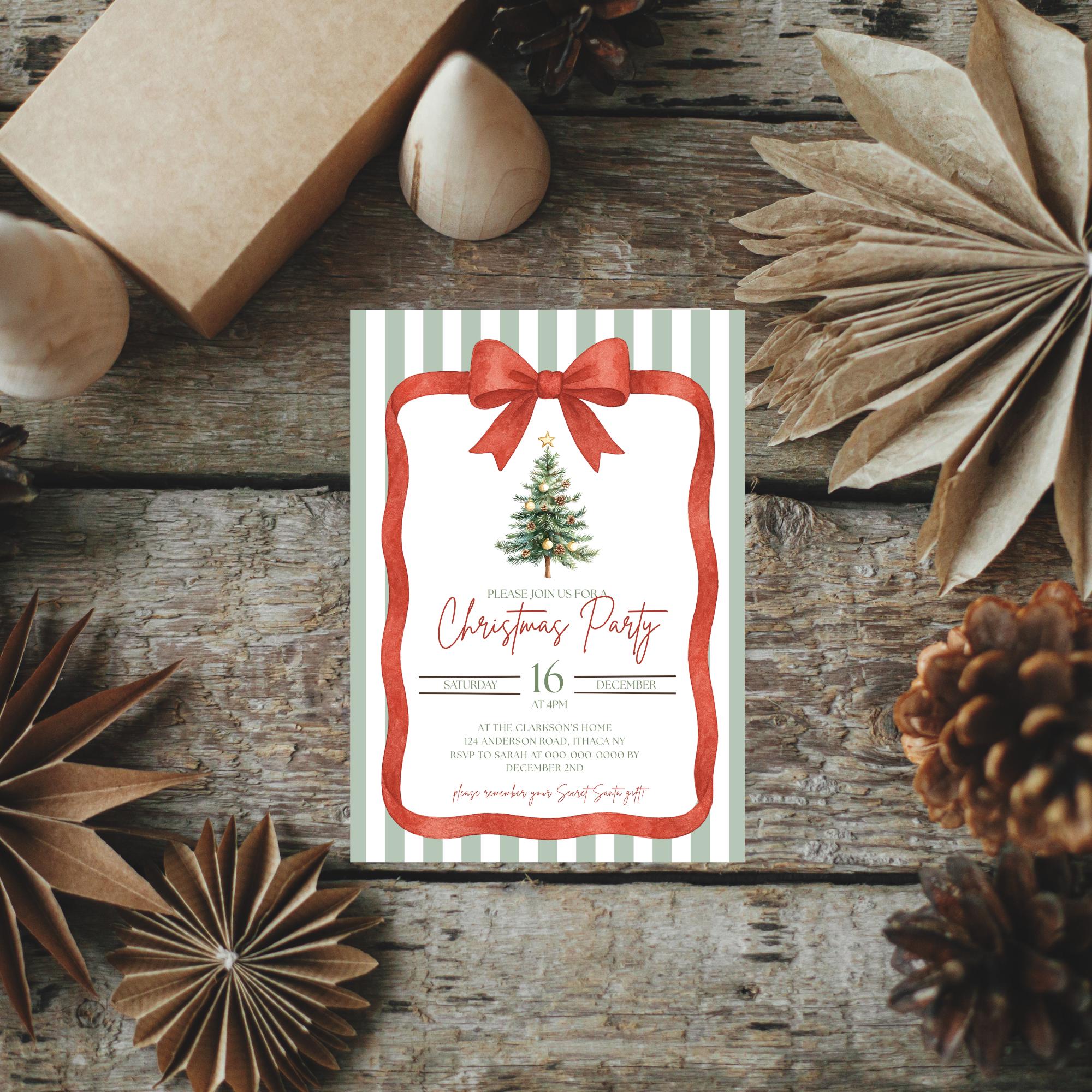 Red Bow Striped Christmas Party Invitation, Holiday Template With Green ...