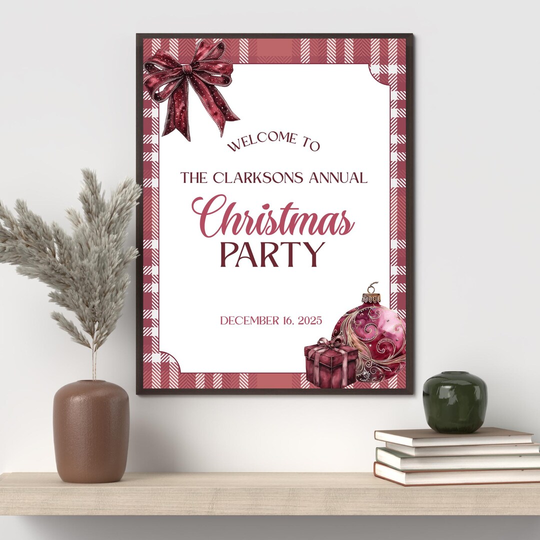 Burgundy Plaid Christmas Welcome Sign, Bow, Ornament, and Present ...
