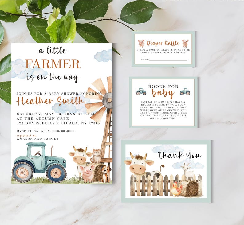 Farm Baby Shower Invitation Bundle Template, A Little Farmer is on the ...