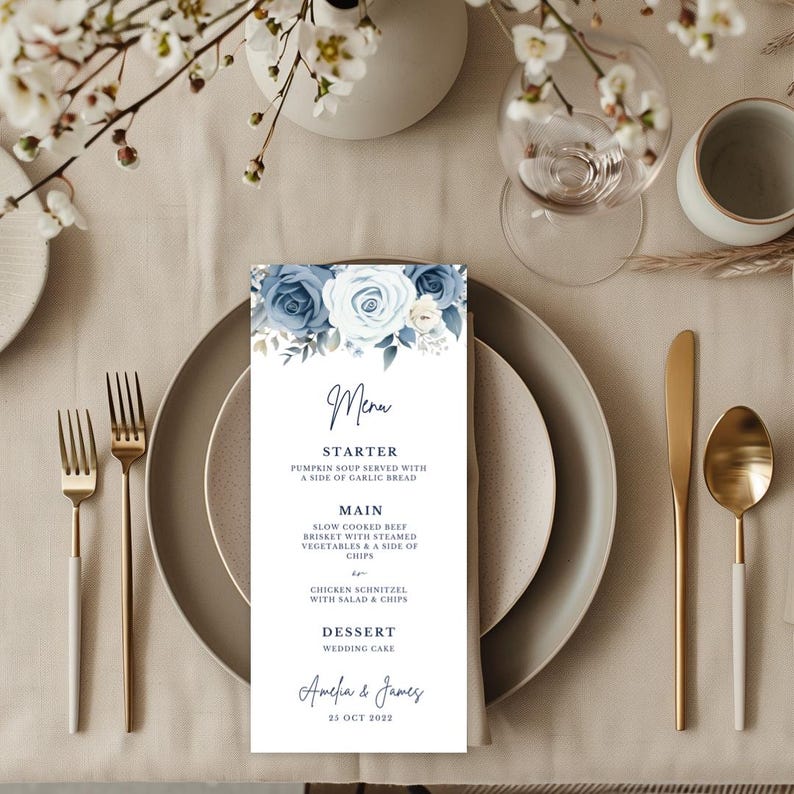 Dusty Blue Floral Wedding Menu Template: Elegant Coastal Reception - Etsy