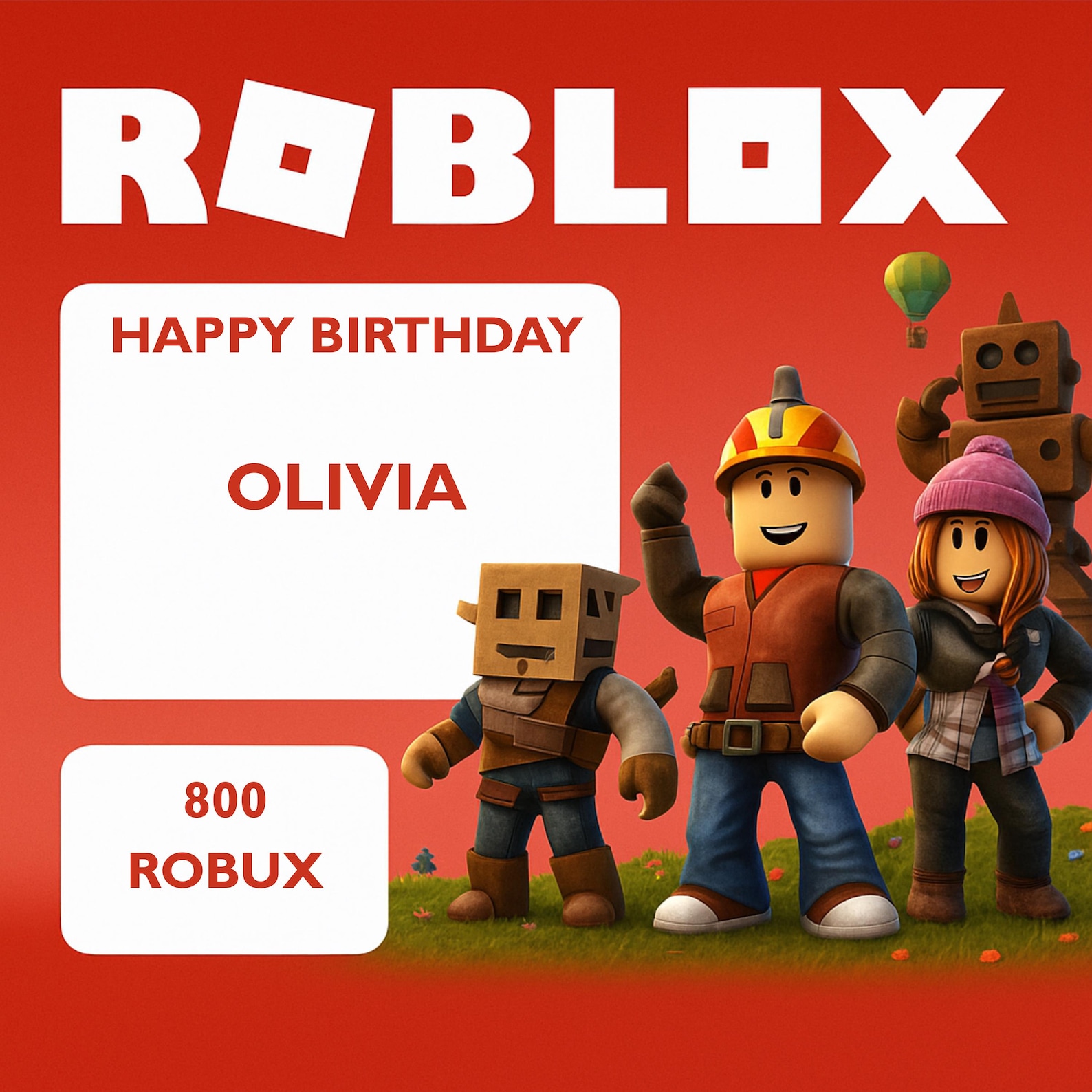 Personalized Roblox Gift Card: Custom Robux Voucher (printable Digital ...